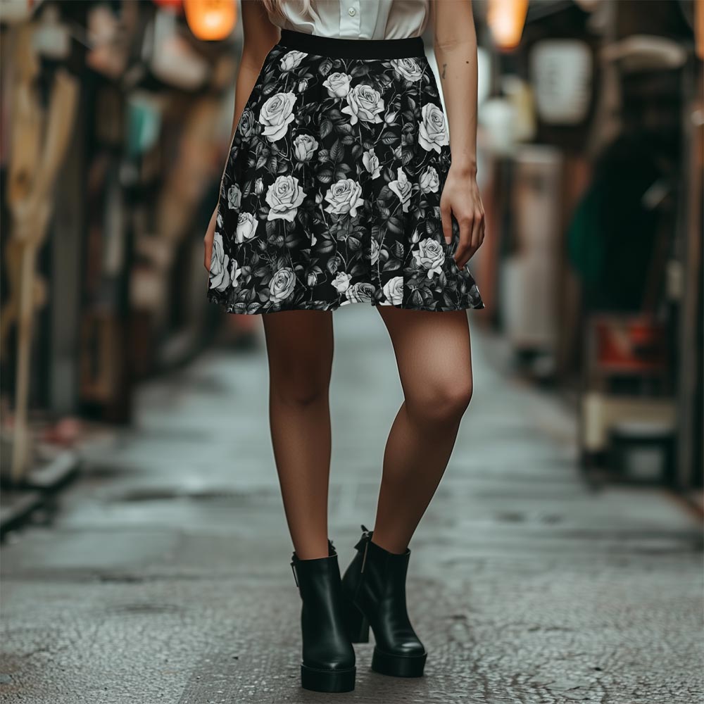 Veil of Roses Skater Skirt - Mid-thigh Length Skirt with Elastic Waist – Rogue + Wolf