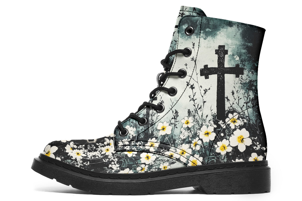 Mourning Petals Boots - Vegan Leather Doc-Style Boots with Durable Sti ...