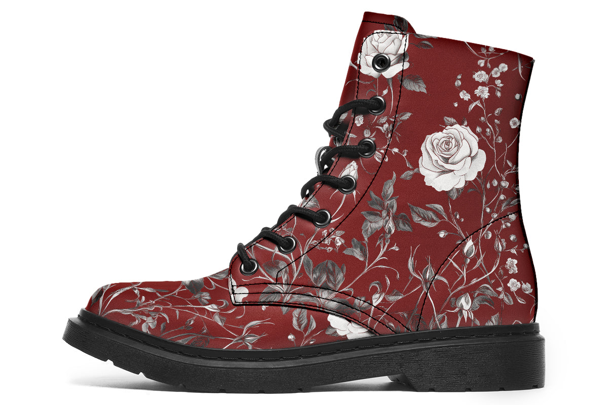 Red Rose Romance Boots – Rogue + Wolf Red Vegan-Leather Gothic Floral Boots