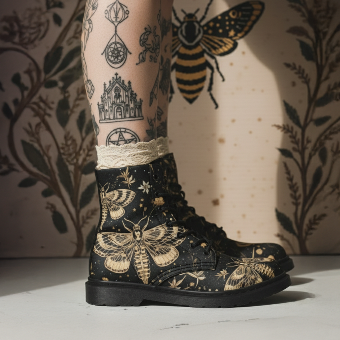 Moth Arcana Boots – Rogue + Wolf Vegan-Leather Gothic Dark Academia Boots