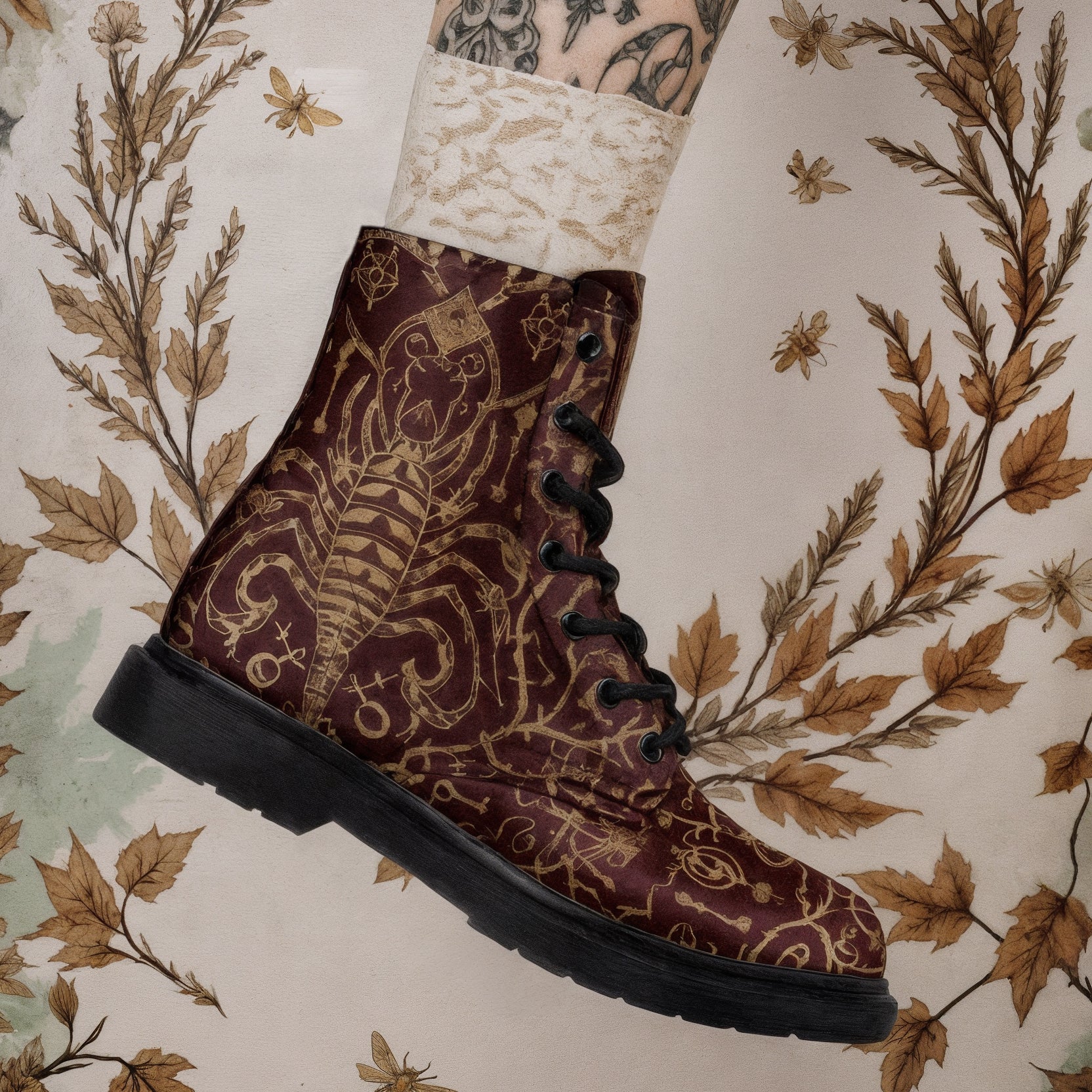Oxblood Scorpion Sigil Boots – Rogue + Wolf Vegan Leather Gothic Boots